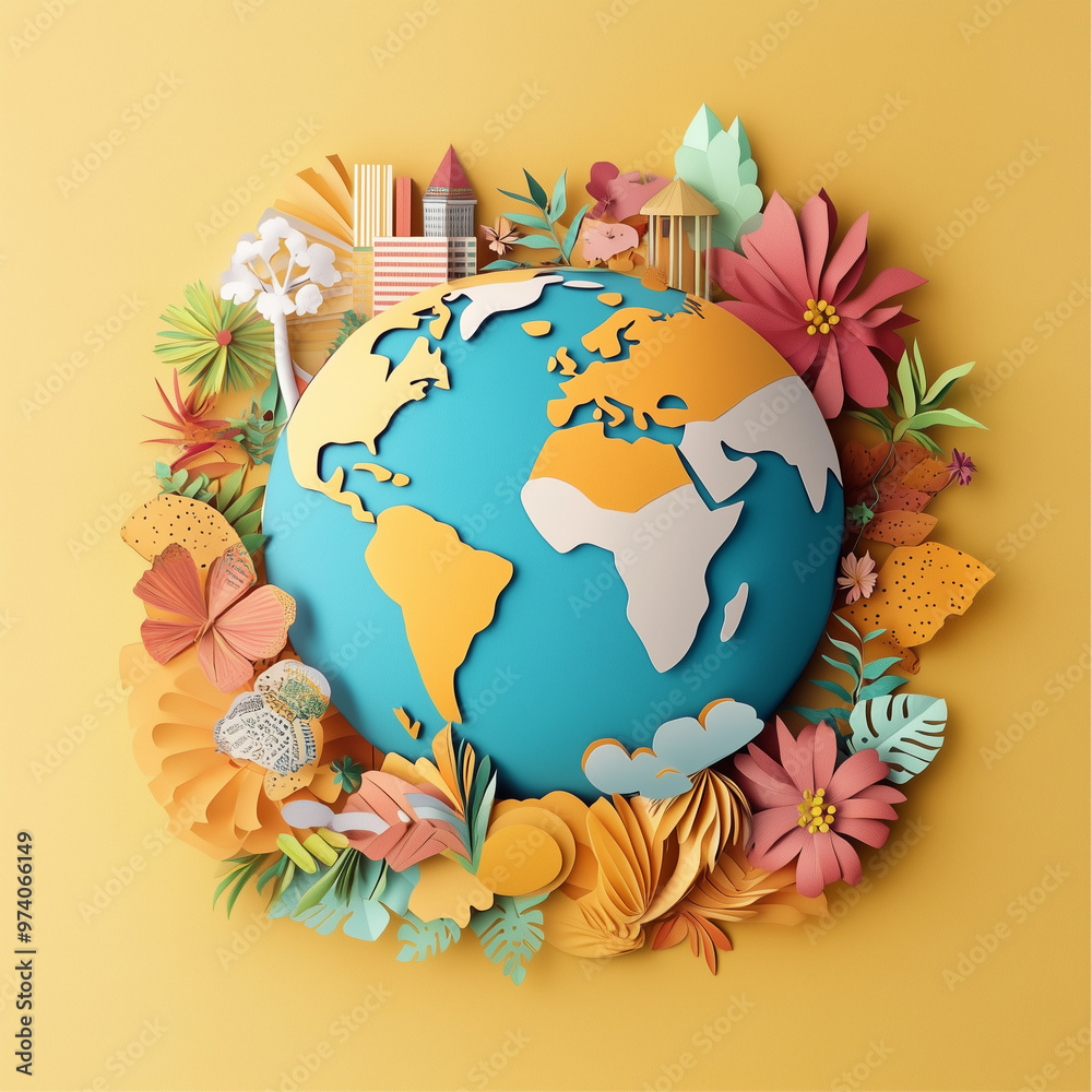 World, globe and collage art made of paper school project, humanity and ...