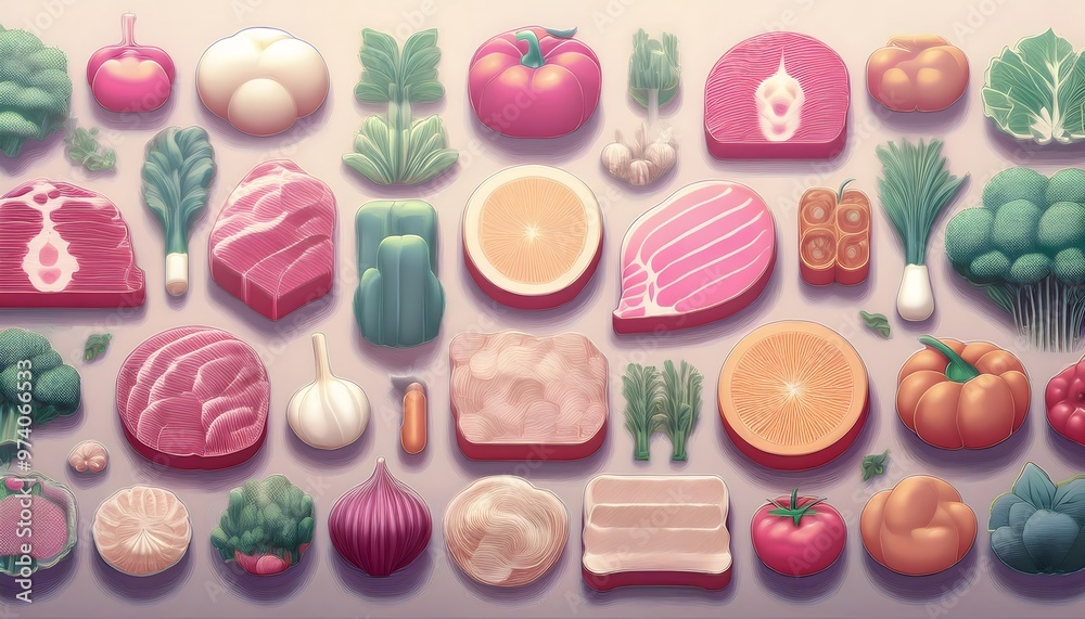 3D illustrations of meat, vegetables, bell peppers, tomatoes, onions ...