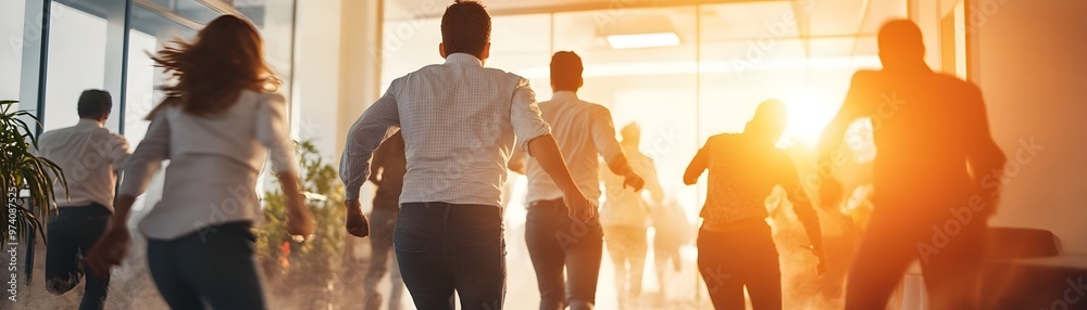 Panicked Employees Rushing Towards the Exit During Office Evacuation ...