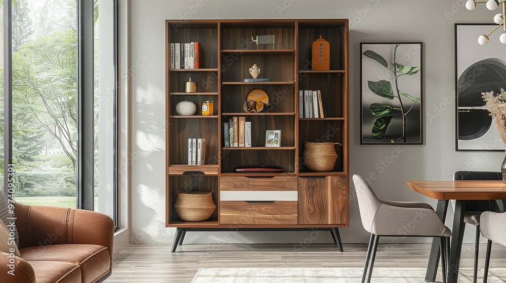 Stylish Walnut And White Wooden Bookcase With Drawers And Shelves