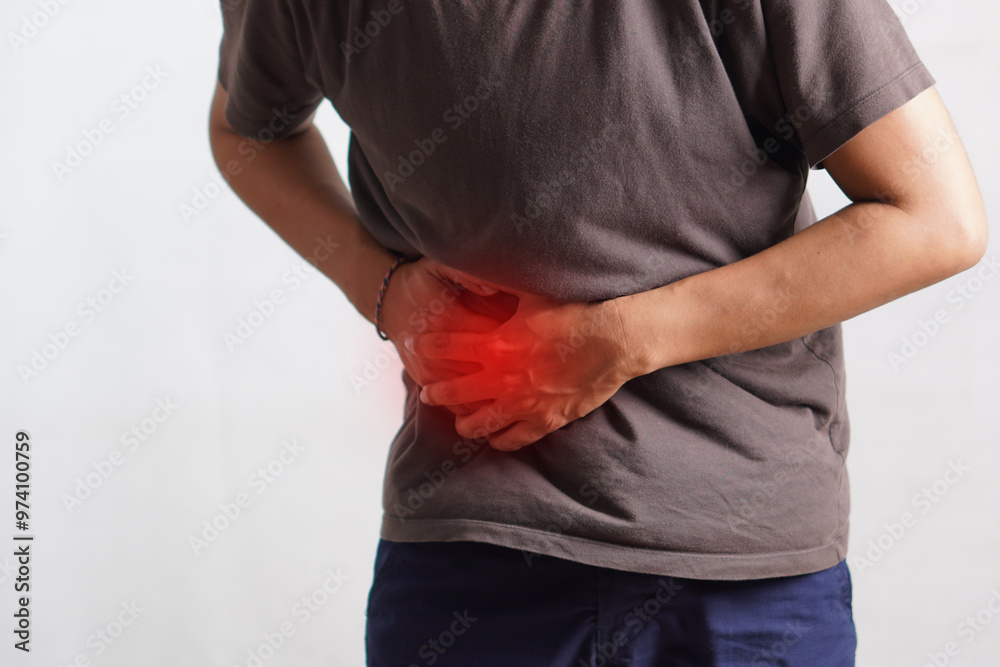 Fitness, stomach ache and man outdoor after running, workout or ...
