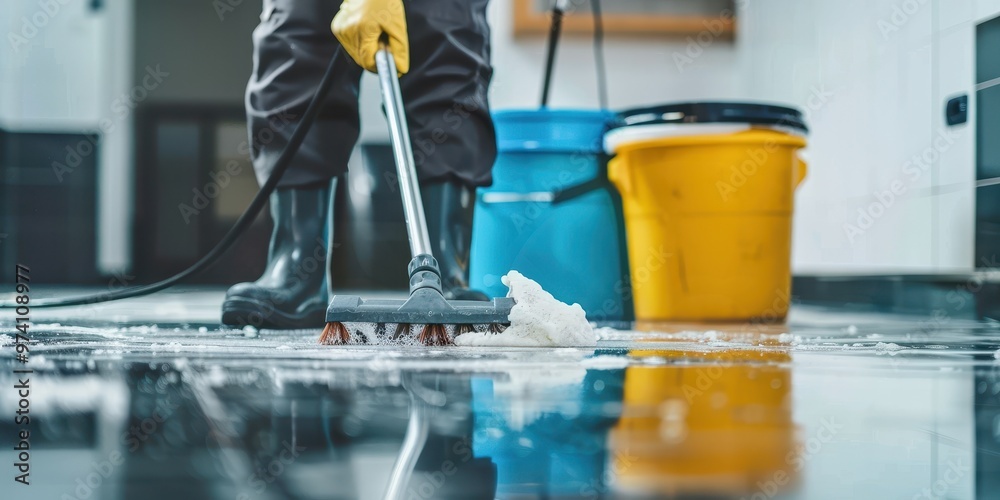Professional cleaner mops shiny floor in a commercial space, ensuring ...