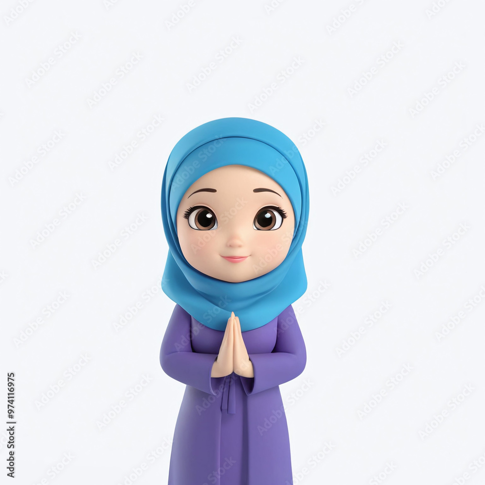 3D cute moslem girl character praying pose welcome pray, ramadhan ...