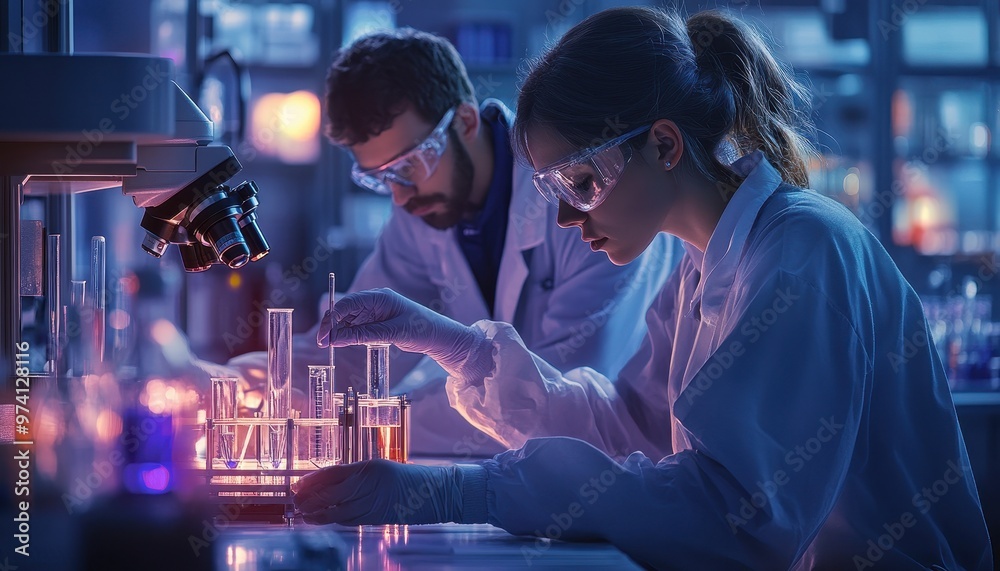 Scientists working in a laboratory, conducting experiments with test ...