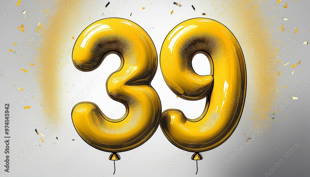 Yellow birthday / anniversary balloon, number 39, white background with ...