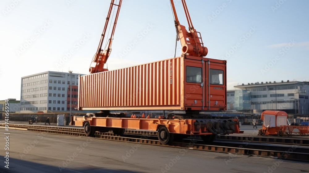 Crane elevating shipping container in railroad yard for efficient ...