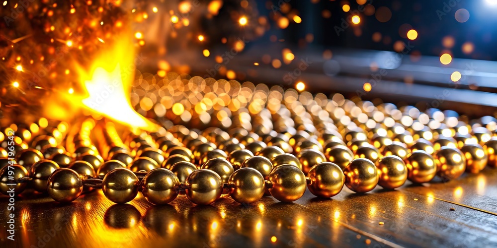 Golden weld bead pattern on a dark metal surface, with shiny droplets ...