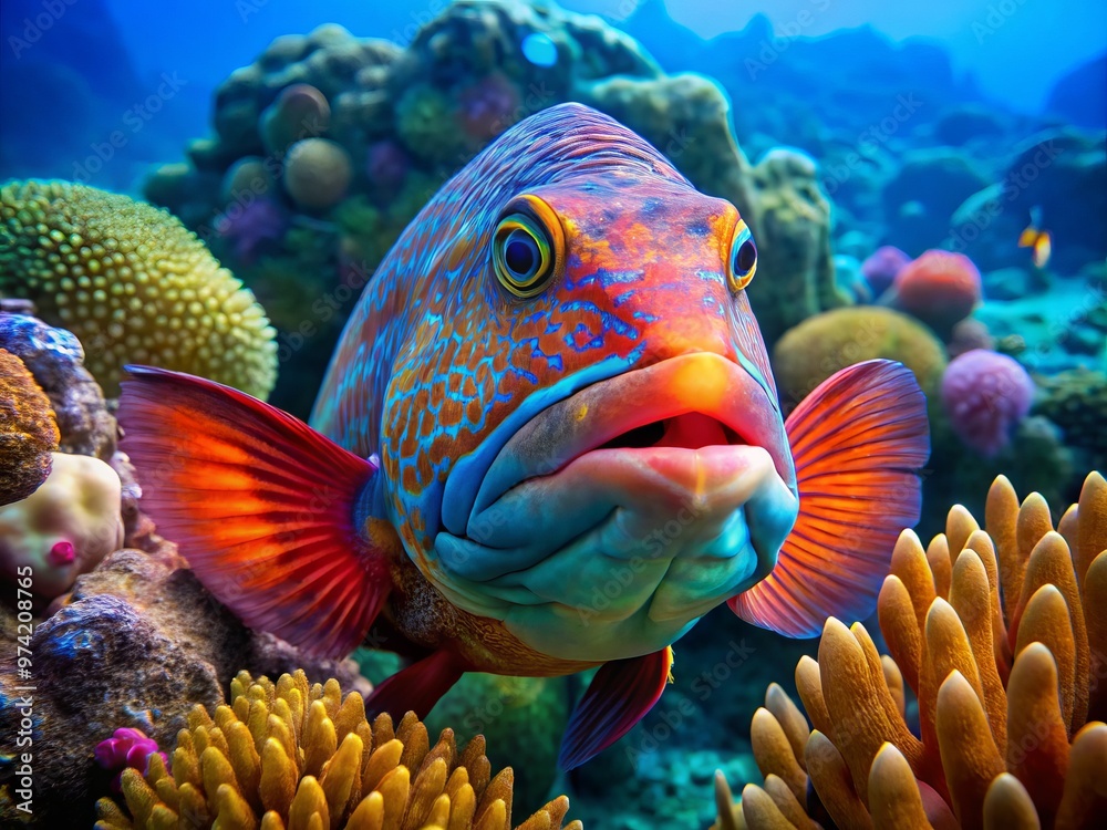Large-headed fish with vibrant scales and bulging eyes swims amidst ...