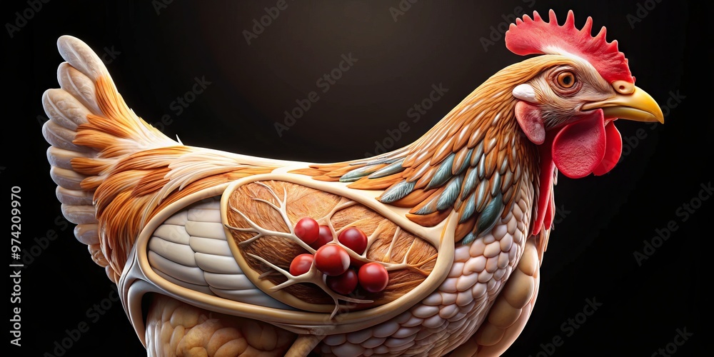 Macro image of a chicken's internal organs, showcasing the skeletal ...