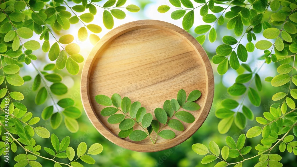 Round wooden cut shape with moringa oleifera leaves backlight, perfect ...