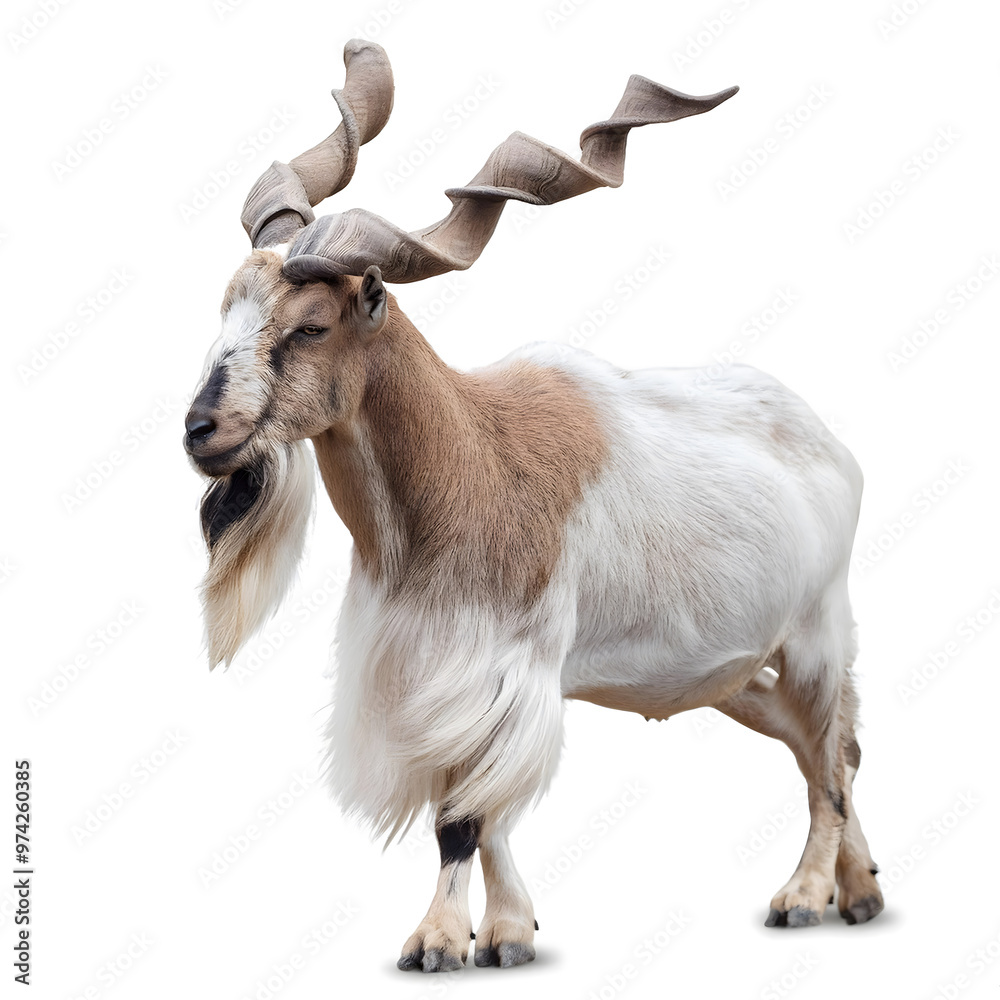 Markhor (Capra falconeri) mountain male goat full long swirly, curly ...