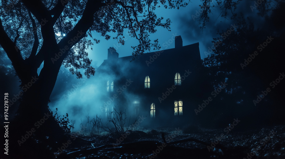 Dark and eerie haunted house attraction at night, glowing windows, twisted trees, and fog ...