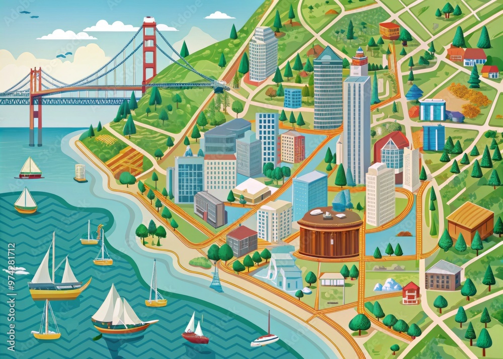 Vibrant digital illustration of the San Francisco Bay Area map showcasing city streets, highways ...
