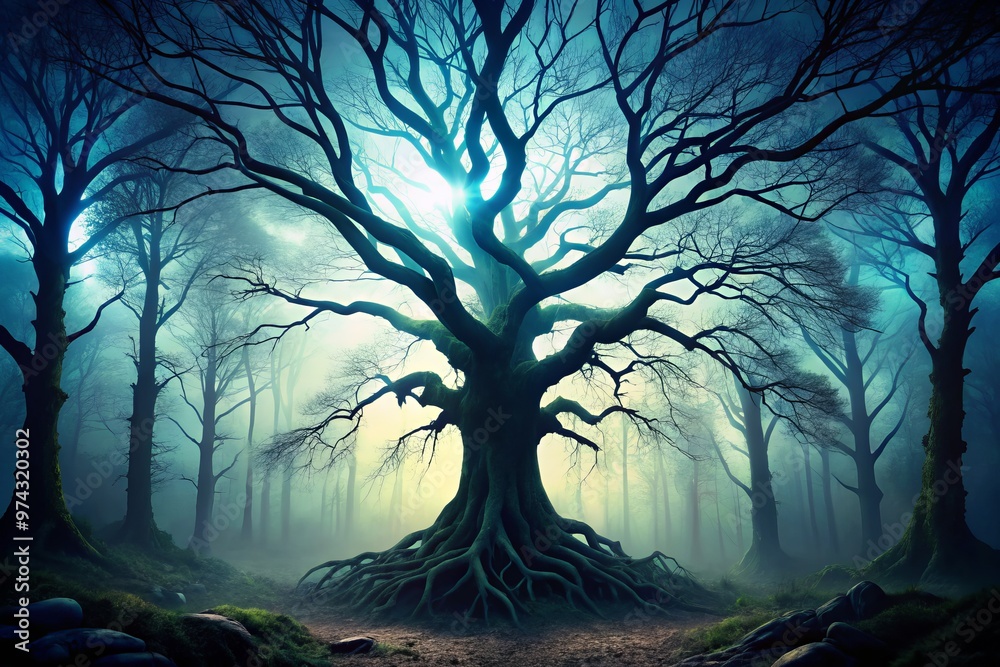 * Haunted forest tree silhouette with creepy roots and twigs Stock ...