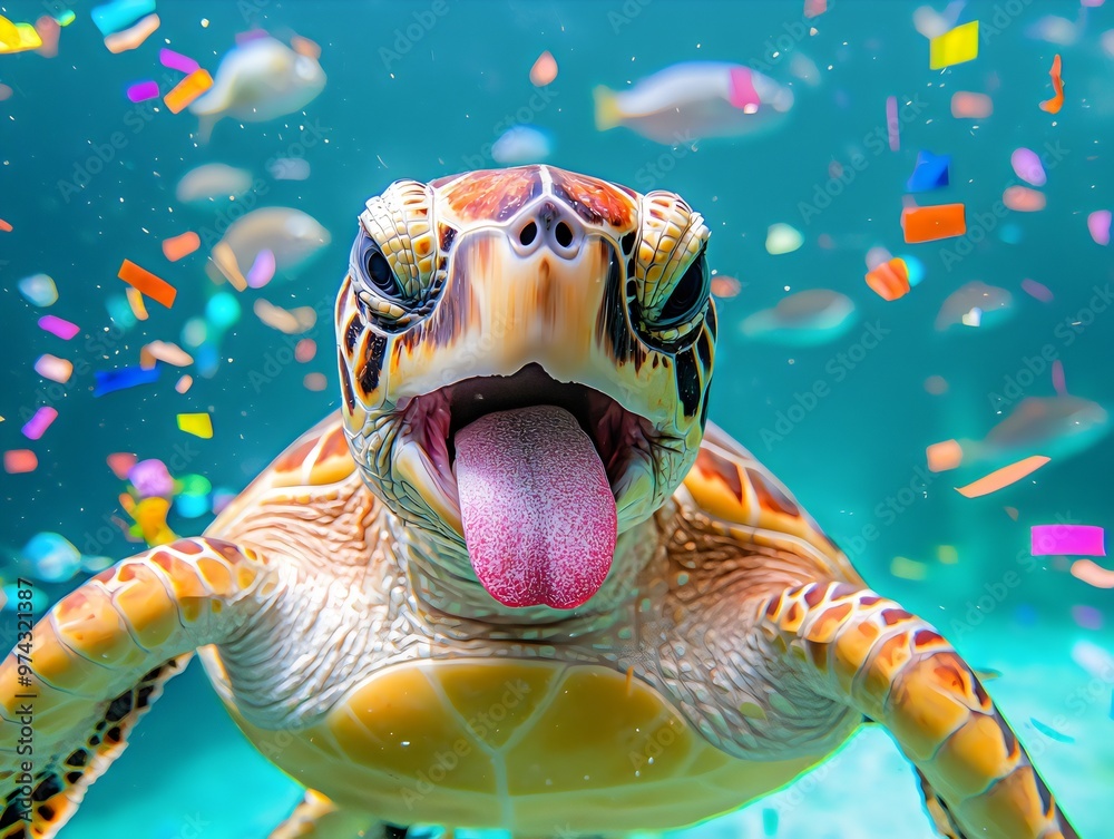 Close-up of sea turtle sticks tongue out to eat microplastic floating ...