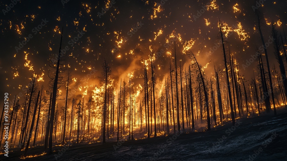 Trees burned by a wildfire at night, showing the devastating effects of ...