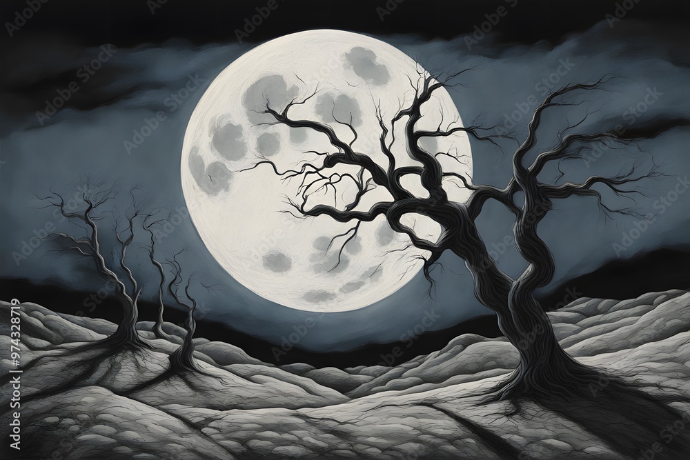 Full moon encircled by contorted tree silhouettes elongated shadows ...