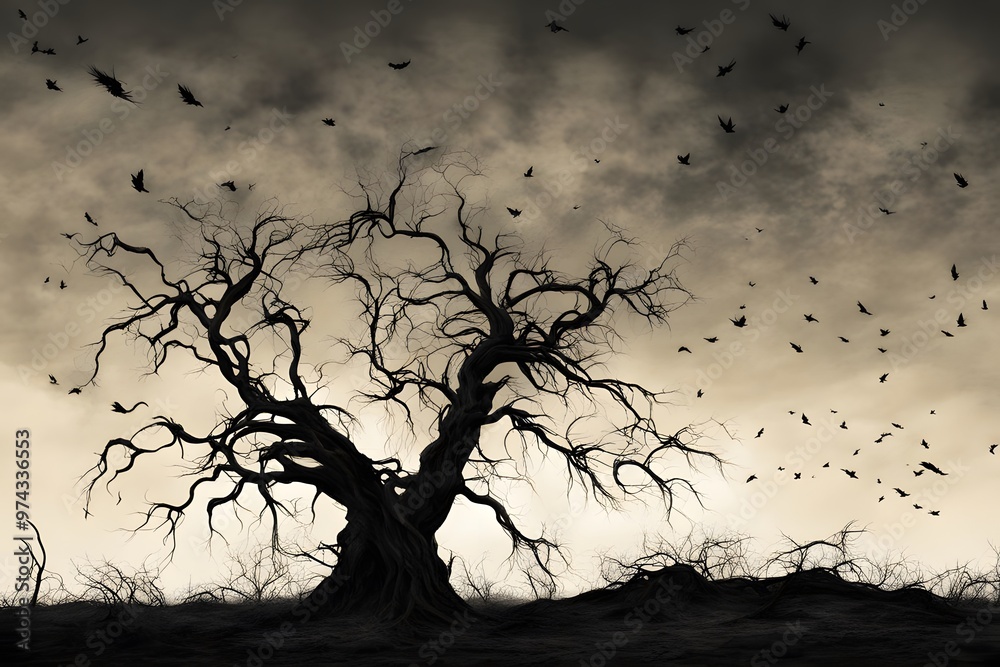 Silhouette of a twisted tree with deep jagged branches leaning ...