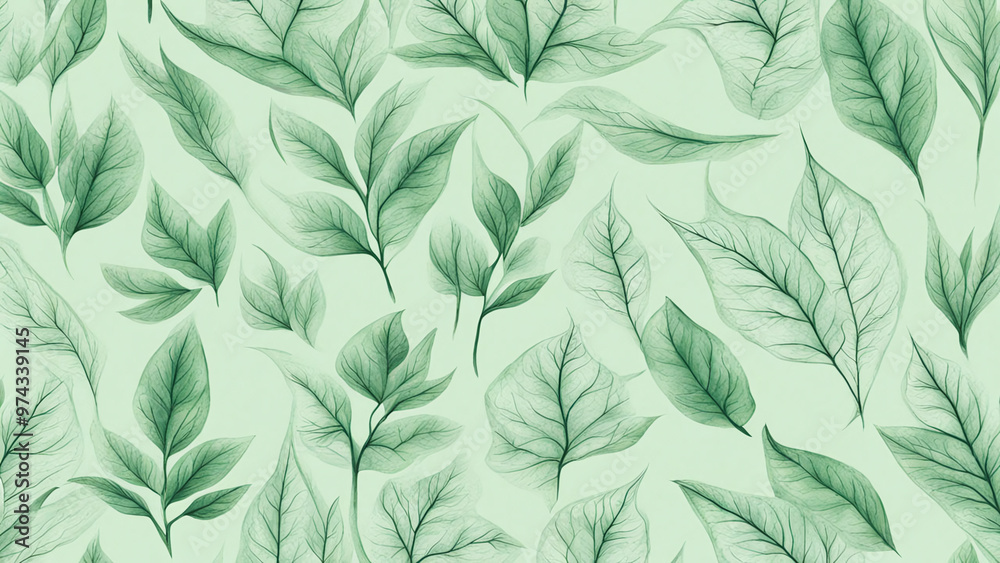 Hand drawn green plants leaves pattern nature background, simple ...