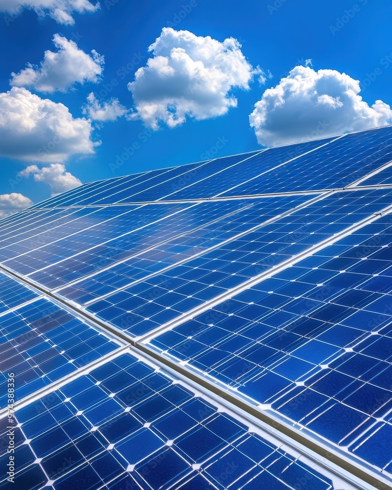 Bright solar panels capture sunlight under a vivid blue sky with fluffy ...
