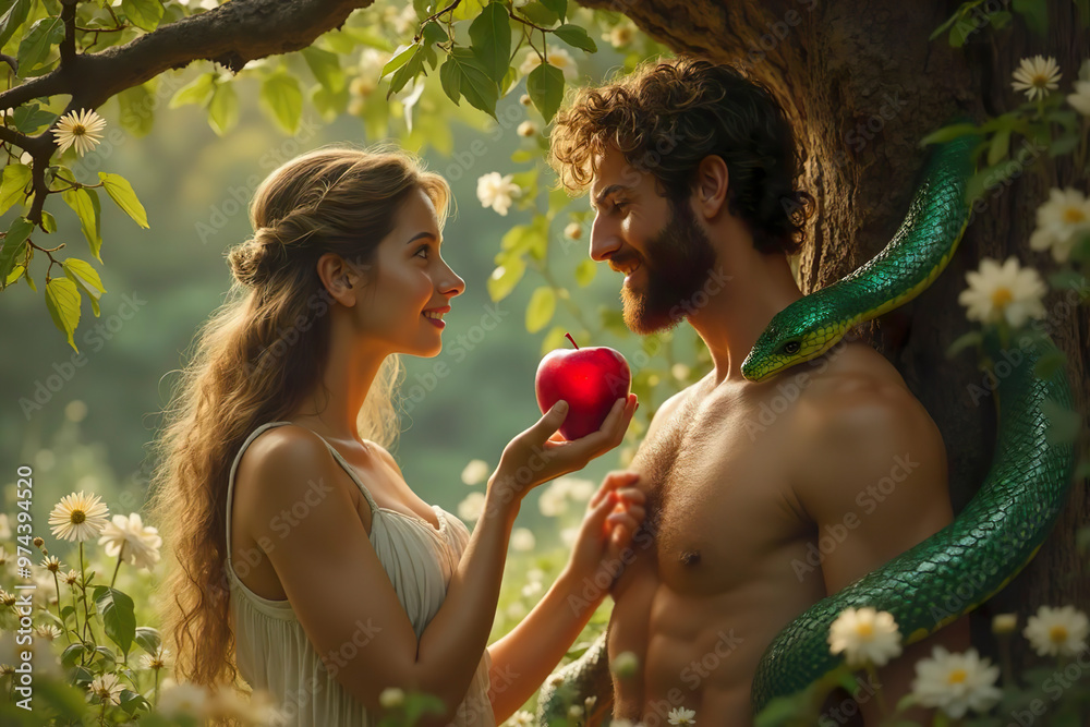 lapse from virtue. Adam and Eve in Garden of Eden. Eva giving Adam red apple. serpent tempter in ...