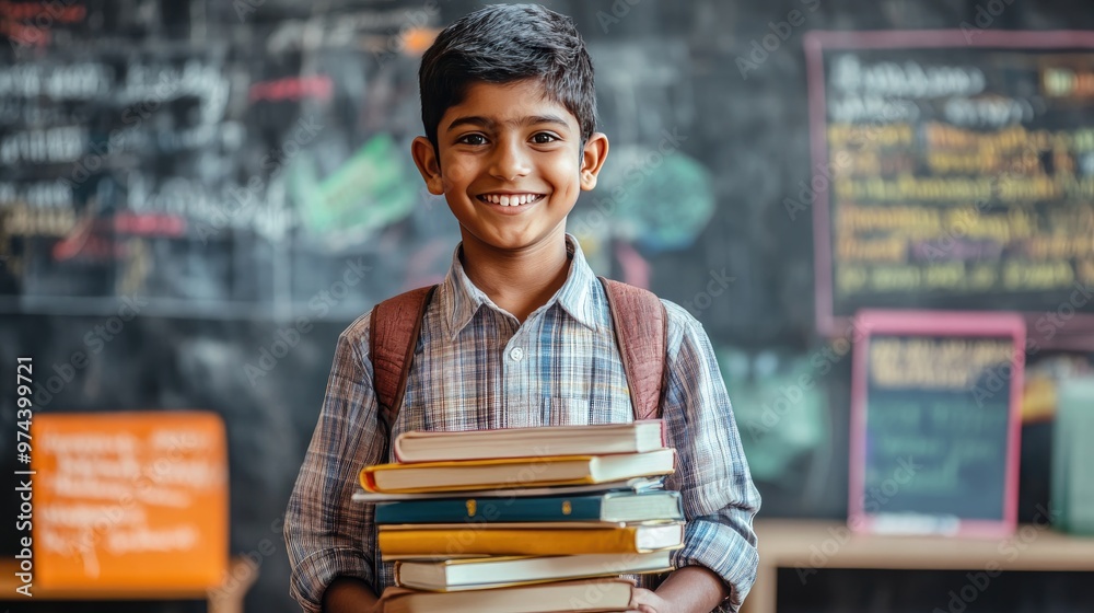 Cheerful Indian boy holding a stack of books, standing in front of a ...