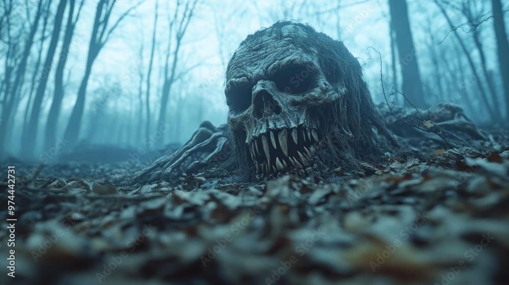 Stock-Foto „Creepy Monster Mask Disguise in Spooky Foggy Forest ...