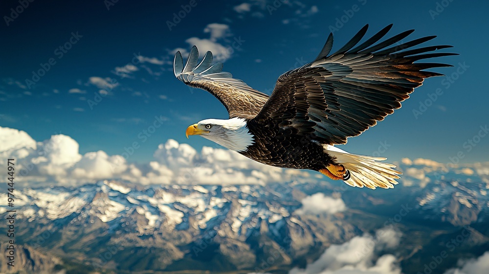 Bald eagle flying high above rugged mountains dramatic skies high detail professional ...