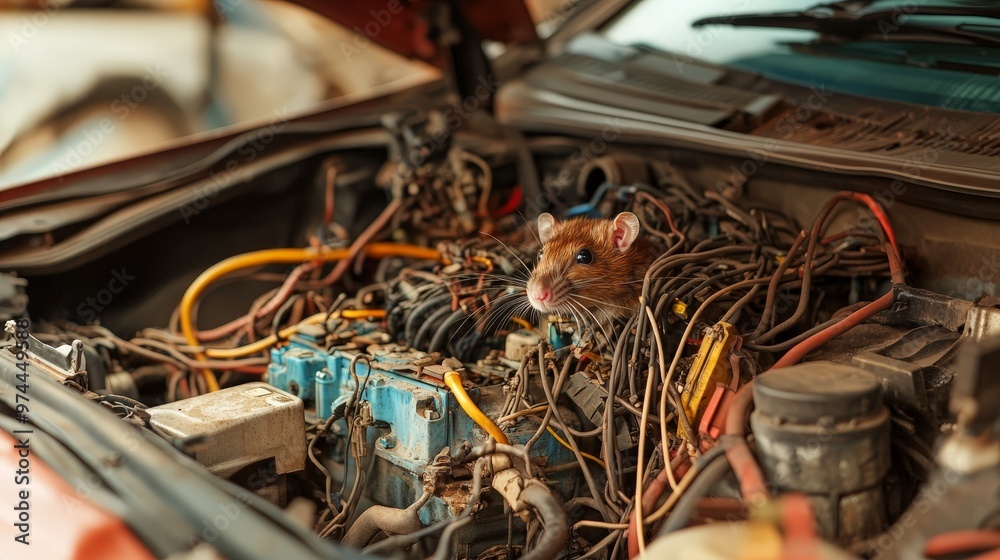 The image depicts a car engine with wiring severely damaged by rats ...