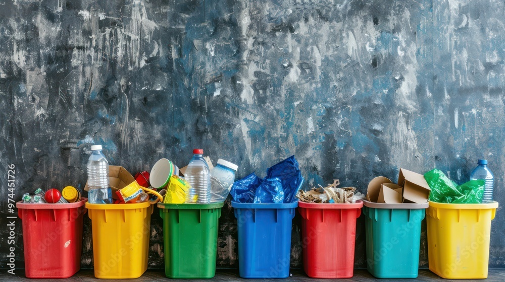 Recycling bins filled with various sorted recyclables promoting waste ...