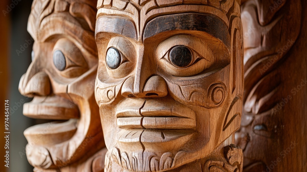 Traditional indigenous carvings on wooden totems, illustrating ...