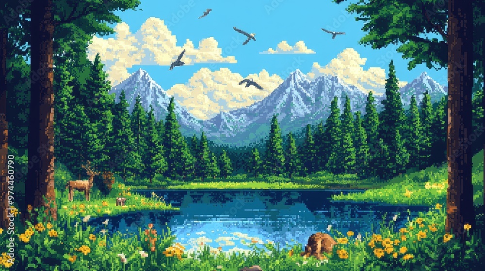 Retro 16-bit pixel art depicting a vibrant nature scene, complete with ...
