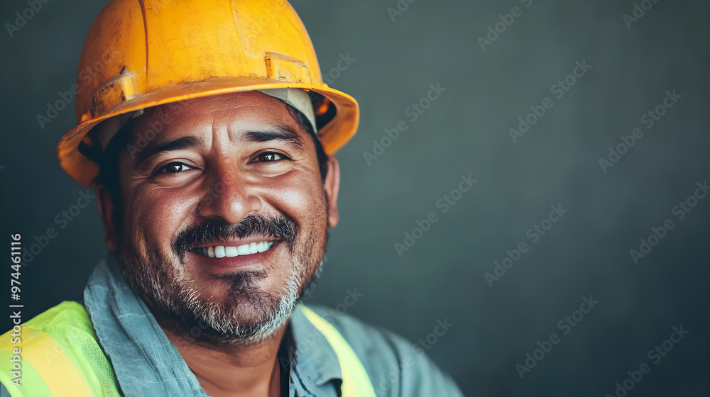 Smiling hispanic construction worker wearing a hard hat and safety gear ...