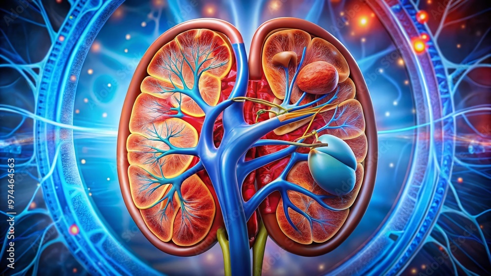A detailed illustration of a human kidney with vibrant colors ...