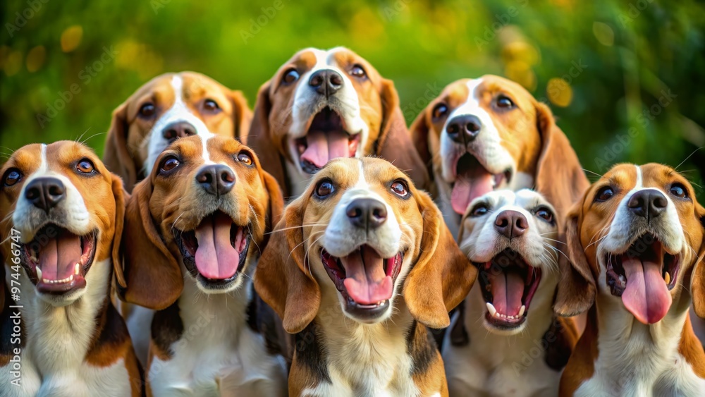Adorable beagles gathered together, ears perked up and mouths open ...