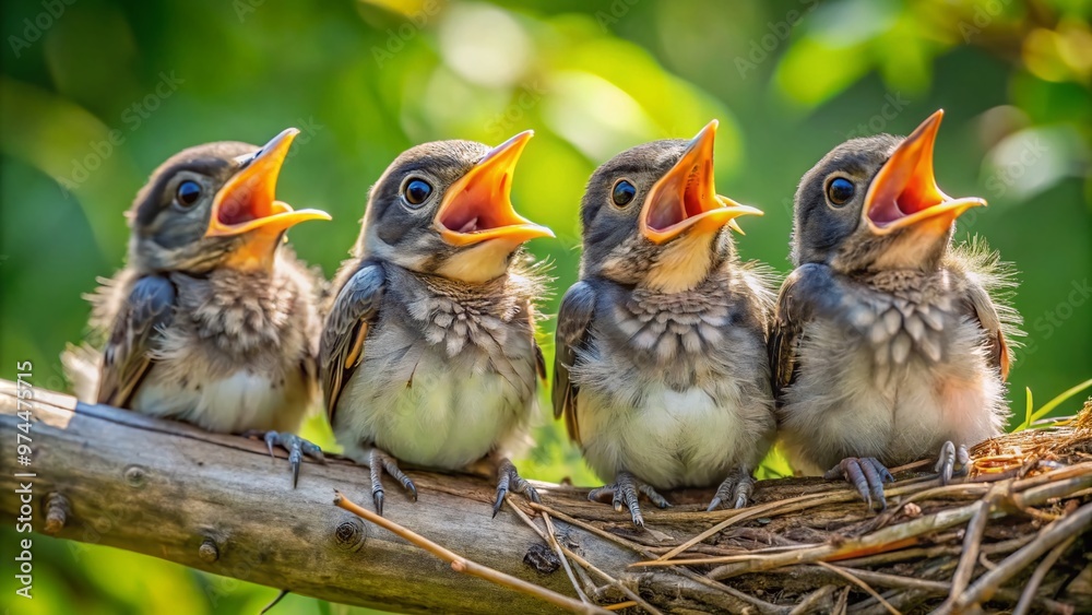 Adorable trio of baby birds with beaks open wide, sitting in a row on a ...