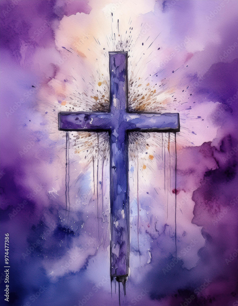 Ash Wednesday watercolor simple ash cross on purple background ...