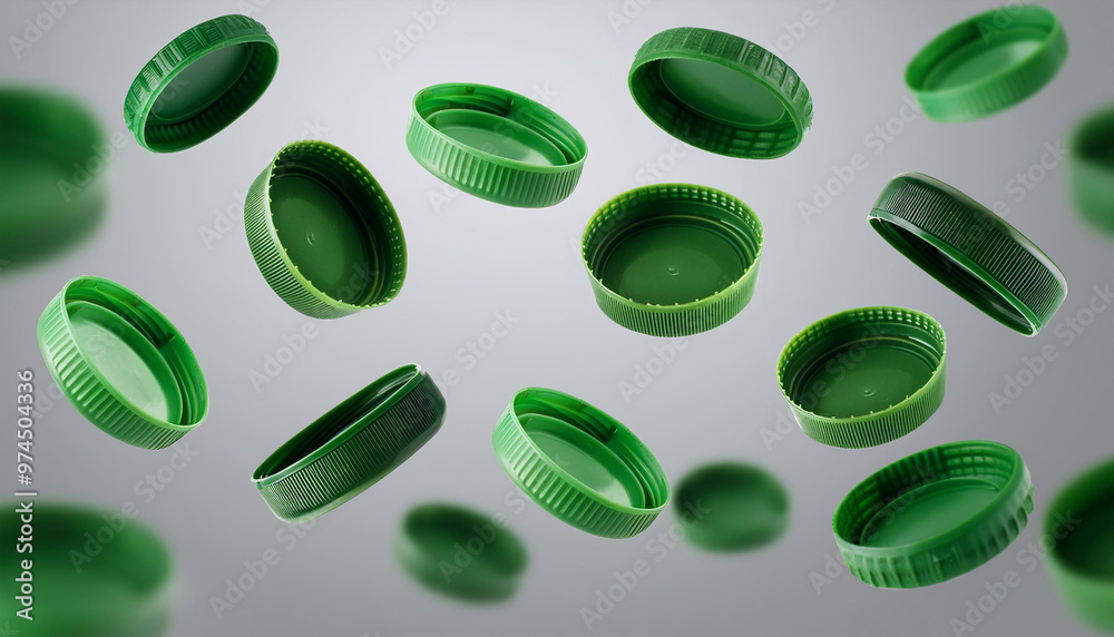 Green bottle caps, recycling symbol on a white background. Plastic caps ...