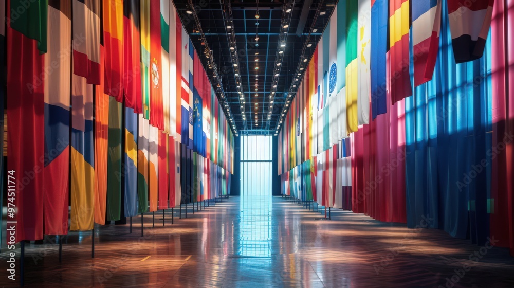 Create a vibrant scene with flags from different countries displayed at ...