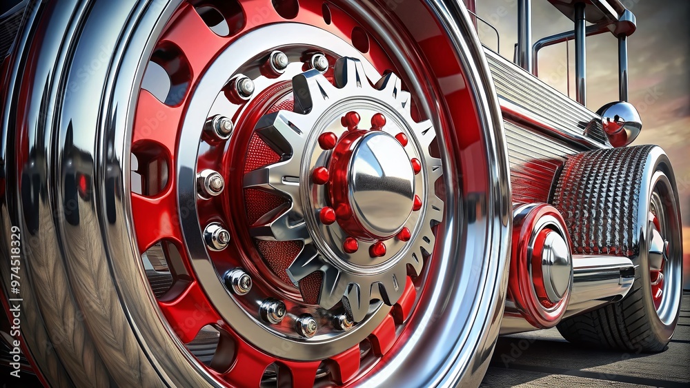 A vintage-style chrome semi-truck wheel with bold, modern font and red ...