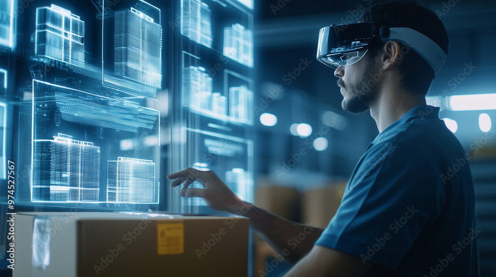 futuristic scene where a user interacts with an augmented reality interface to track the ...