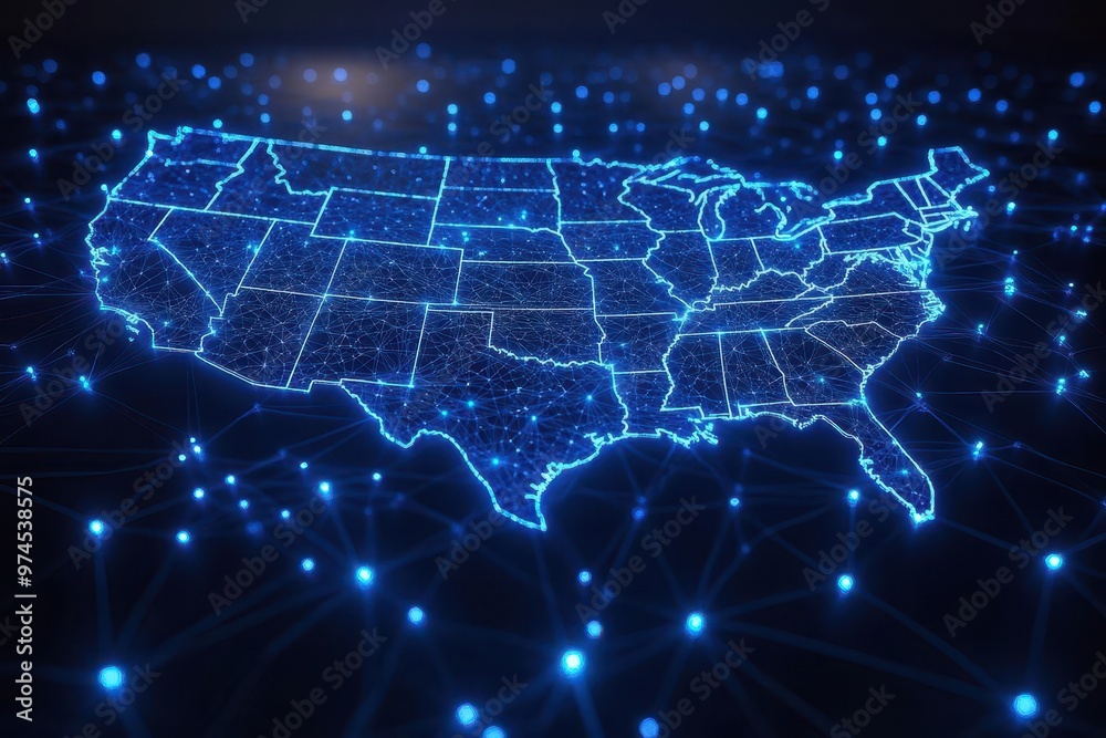 digital wireframe map of usa glowing with network connections ...