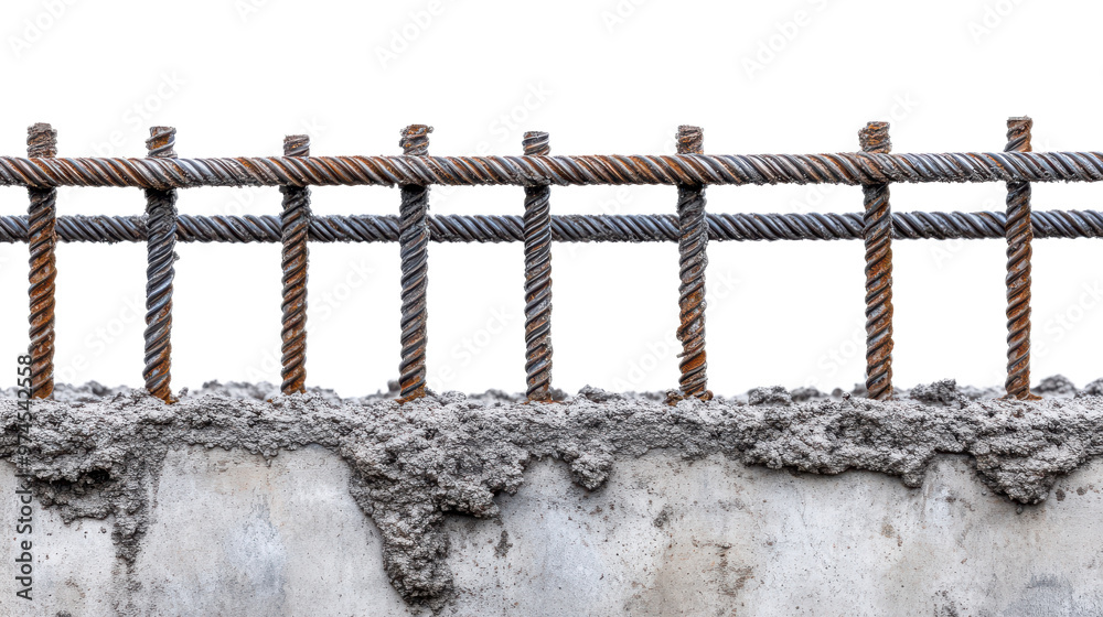 Reinforced steel bars embedded in concrete at a construction site ...