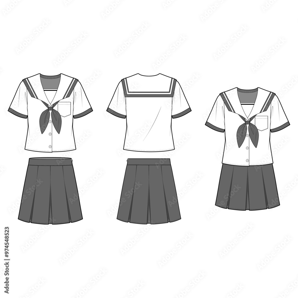 Technical flat sketch of a high school uniform design template. A ...