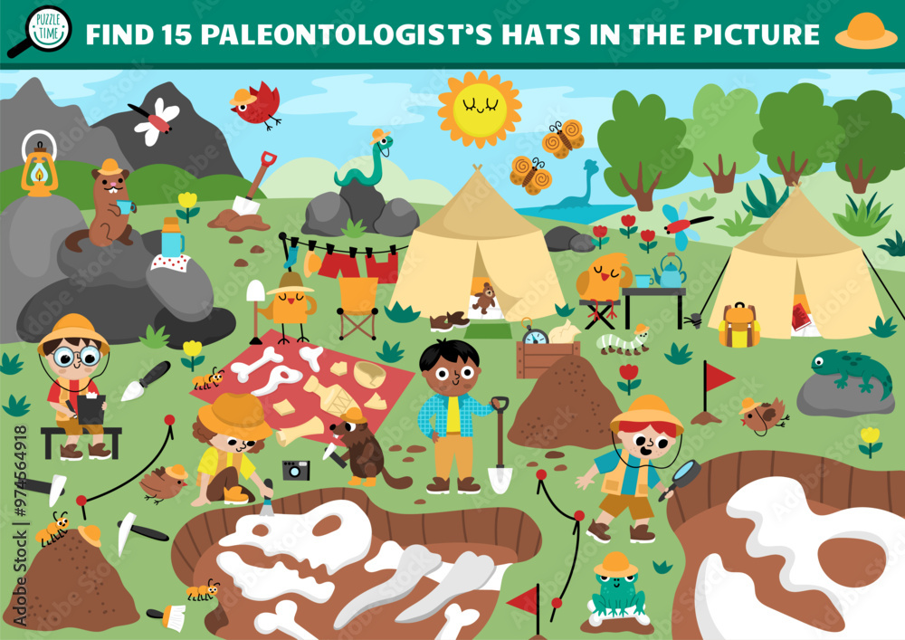 Vector dinosaur searching game with paleontologist dig camp landscape ...