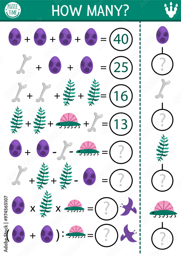 Dinosaur how many game, equation or rebus. Prehistoric math activity ...
