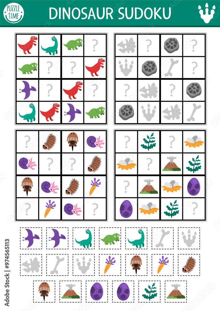 Stock-Vektorgrafik „Vector dinosaur sudoku puzzle for kids with ...