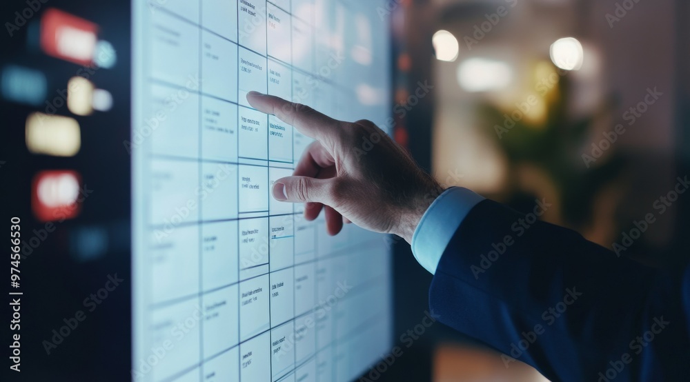 A business professional engages with a large interactive touchscreen display in a modern office ...