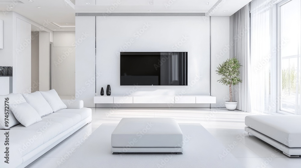 Minimalist design in a modern living room featuring a white sofa facing ...