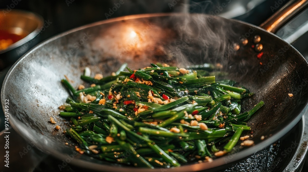 A sizzling wok filled with stir-fried morning glory (pad pak boong), a ...